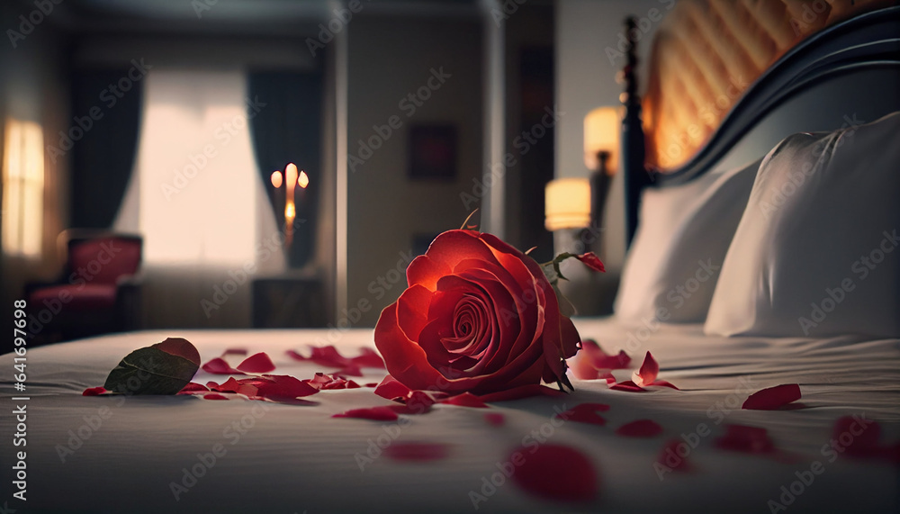 Rose on the bed in the hotel rooms. Rose and her petals on the bed for ...