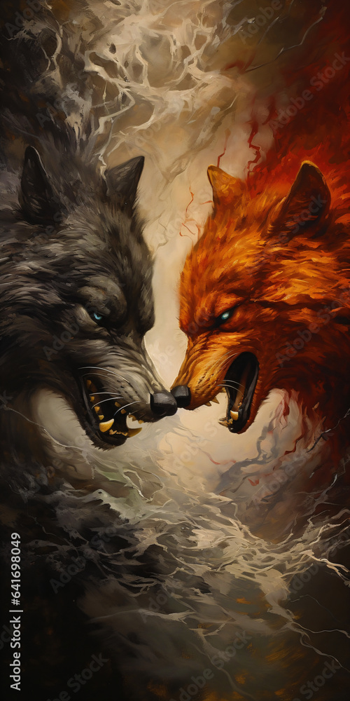 two wolves face each other, aggressive mood of a turf war to make the ...