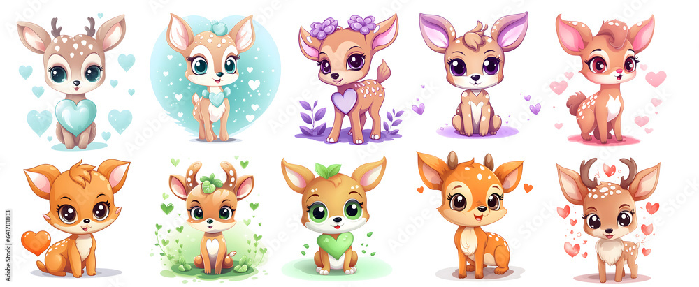 set of funny cartoon cute fawn with hearts on transparent background ...