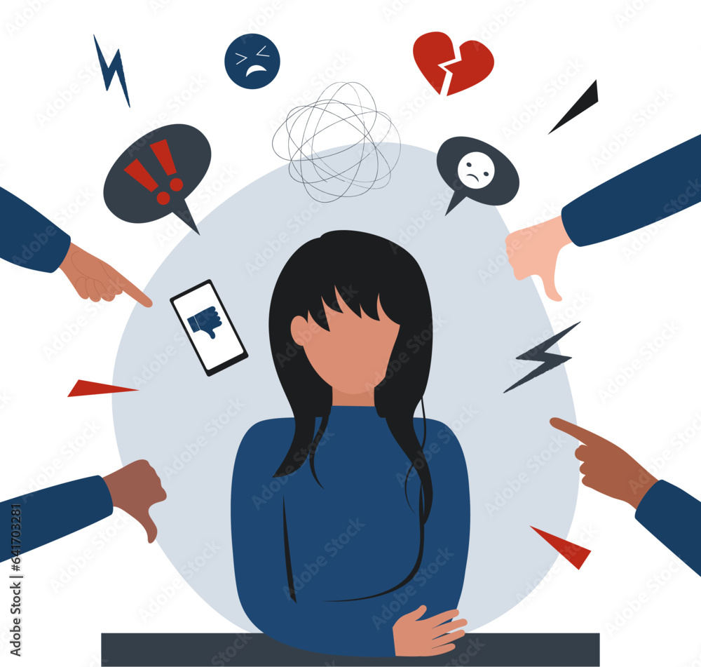 Stop bullying. School bullying. Hands pointing at teen girl. Inciting ...