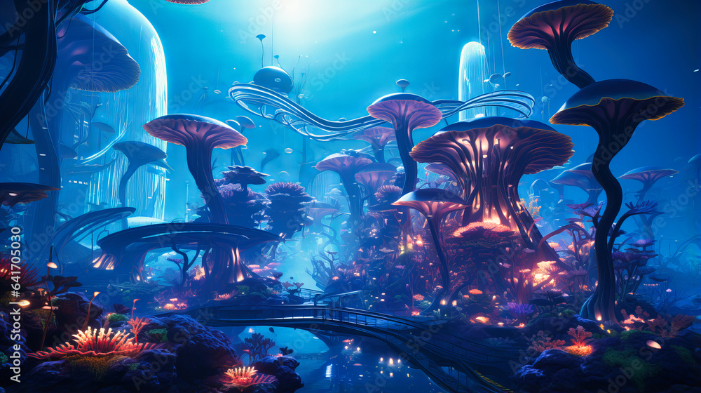 Futuristic neon-infused marine life, thriving in the depths of a tech ...