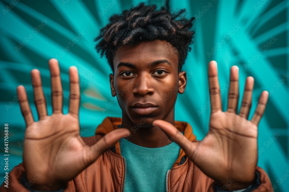 Close-up portrait photography of a glad boy in his 20s making a no or ...