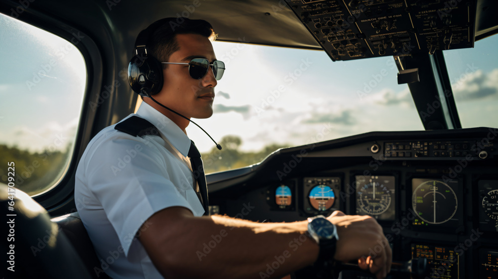 Portrait of handsome male pilot sitting in cockpit of airplane ...