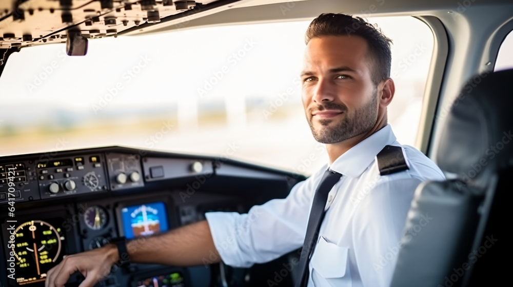 Portrait of handsome male pilot sitting in cockpit of airplane ...