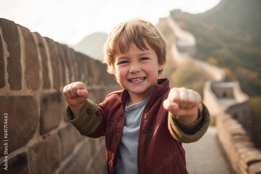 Medium shot portrait photography of a happy kid male flexing arm muscle ...