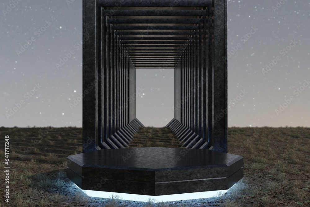 Dark interior concentrate room with fog and mist. industrial wall and ...