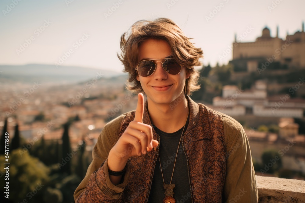 Lifestyle portrait photography of a happy boy in his 20s making peace ...