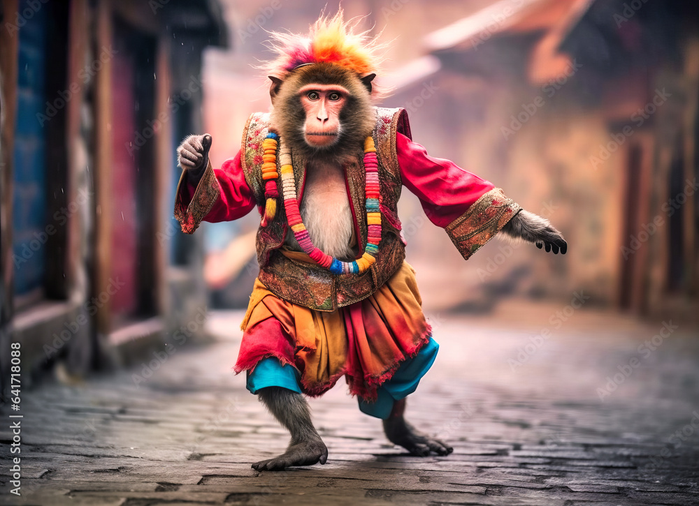 Behold a lively monkey donning a vibrant costume, capturing hearts as ...