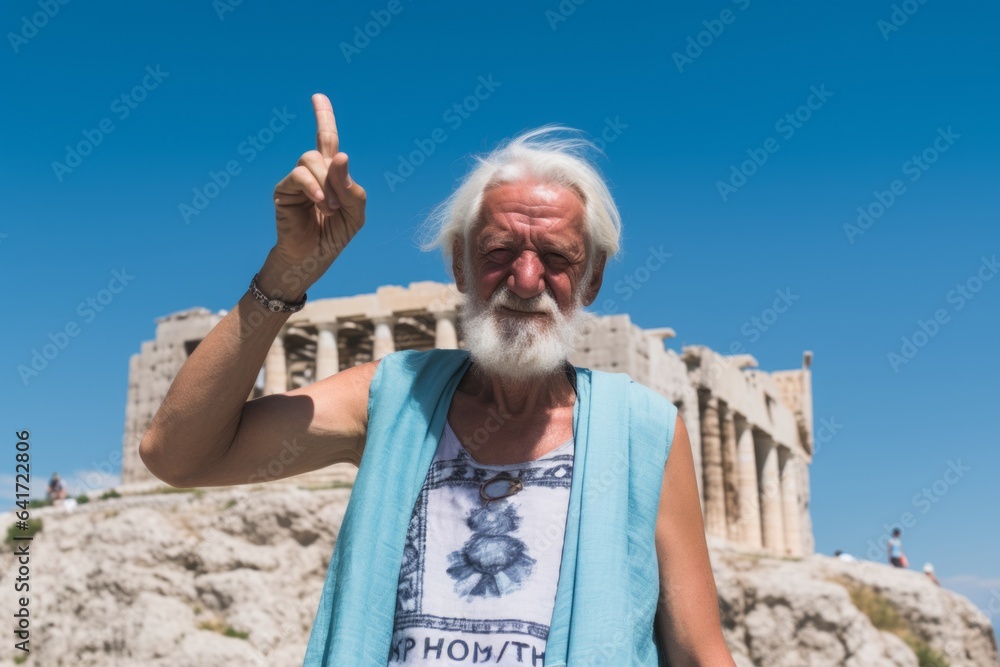 Environmental portrait photography of a jovial mature man flashing a v ...