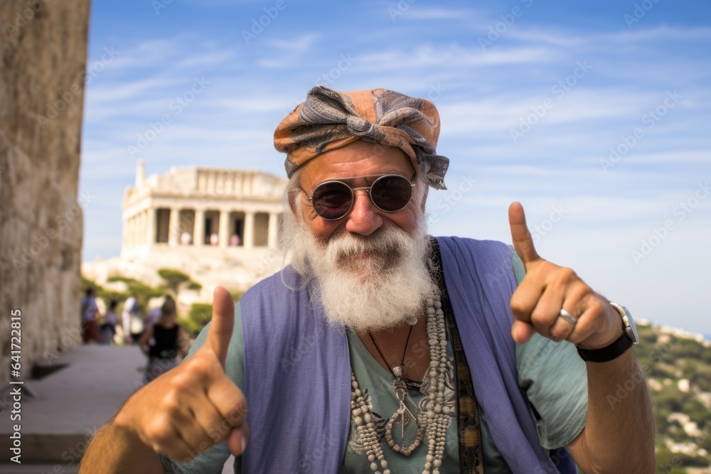 Environmental portrait photography of a jovial mature man flashing a v ...