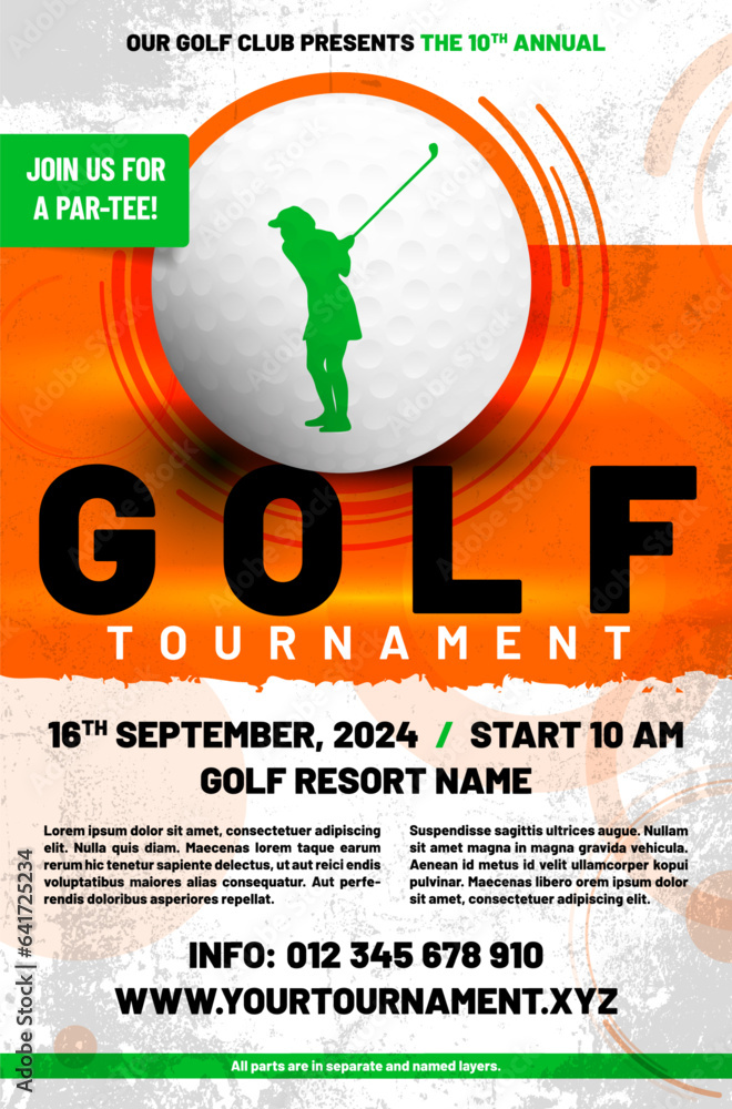Golf tournament poster template with ball and sample text Stock Vector ...