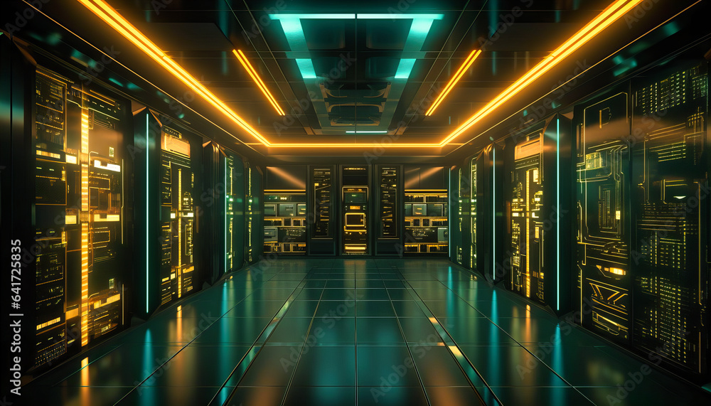 Amidst a dark backdrop, the server room hums with technology, a realm ...