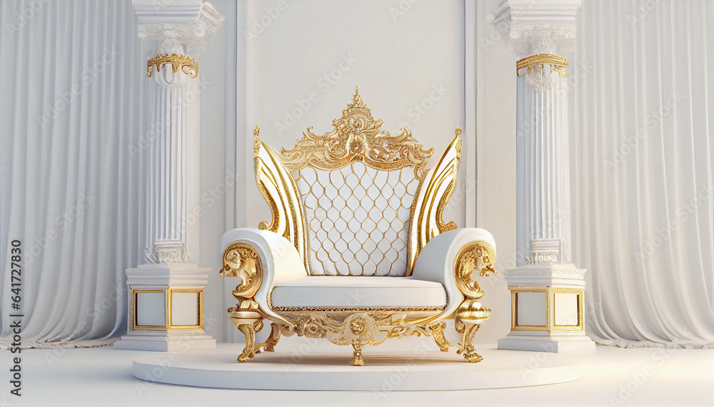 The Throne Room with Gold royal chair on a white background of white ...