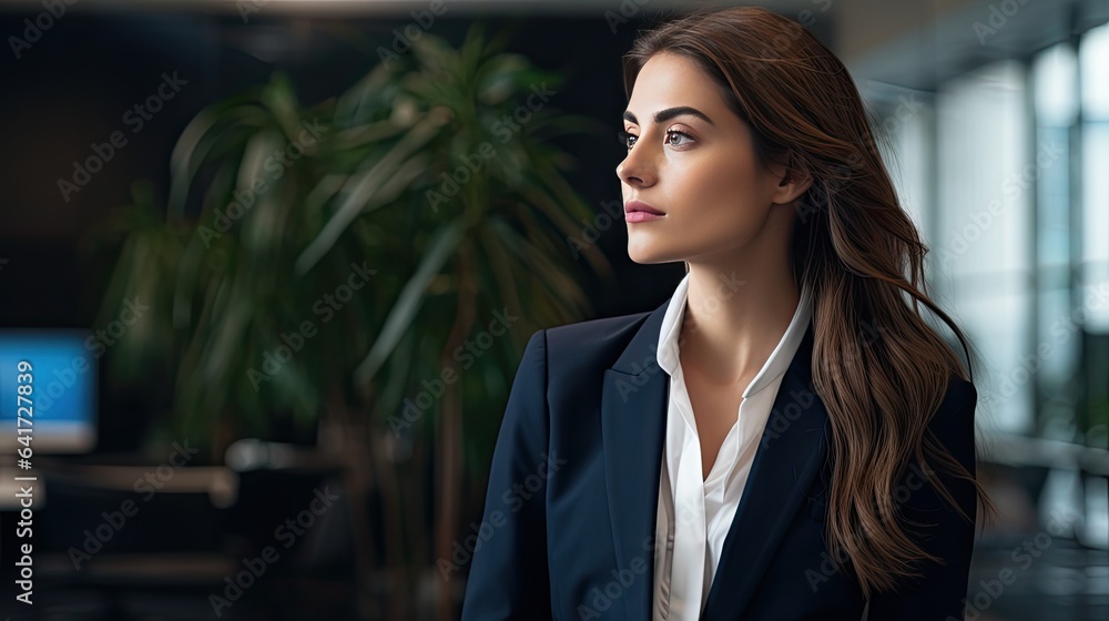 Profile view of a model in a modern office, deep in thought, evoking ...