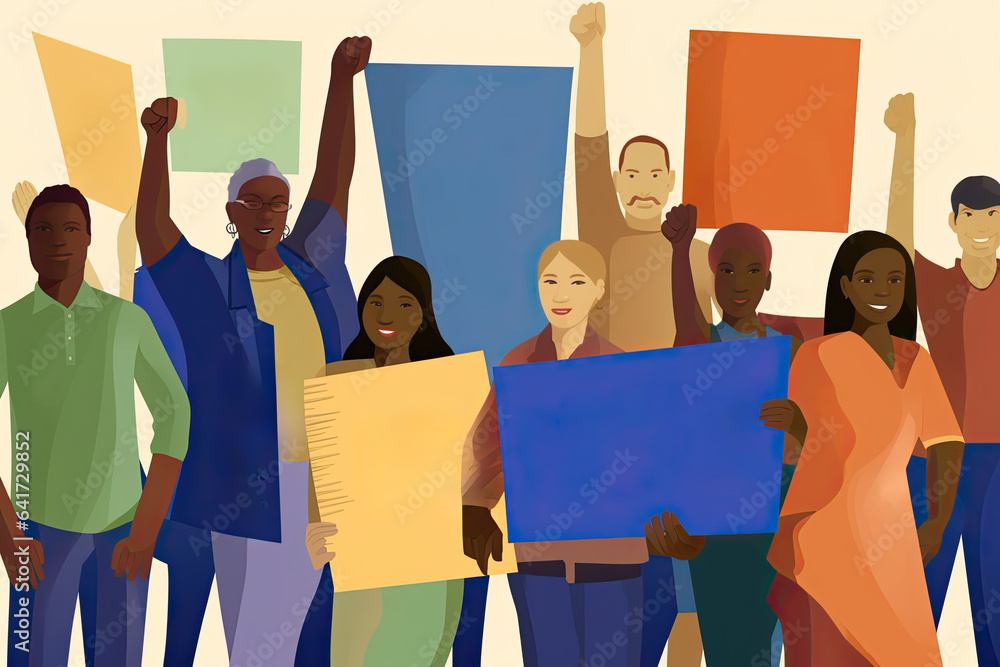 An exemplary protest scene shows a diverse crowd with banners and ...