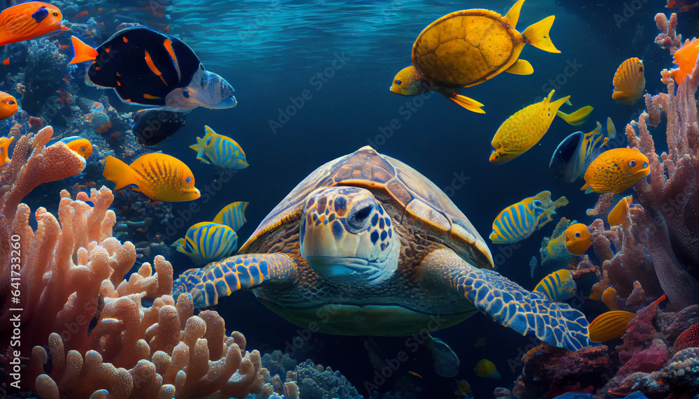 Turtle with group of colorful fish and sea animals with colorful coral ...