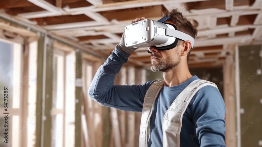 Construction worker wearing virtual reality goggles during analyzing ...