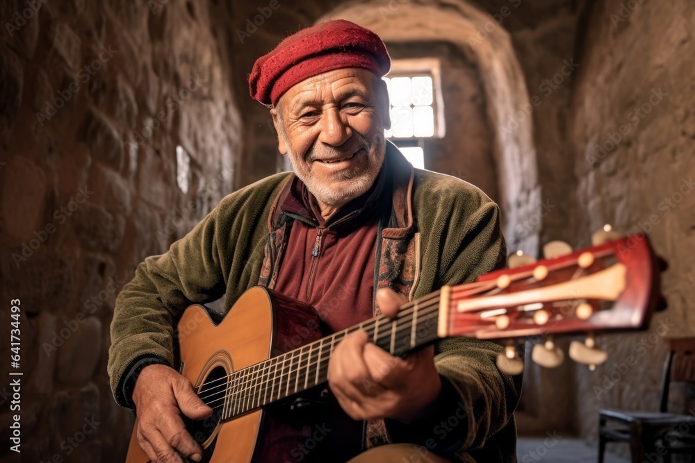 Lifestyle portrait photography of a content mature man holding a guitar ...