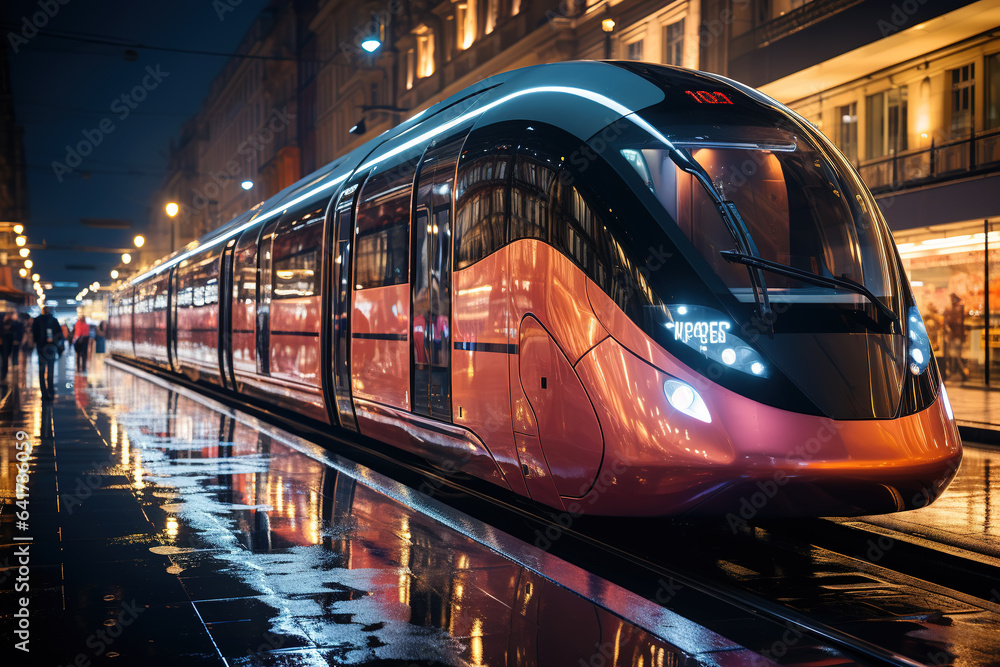 High speed train in motion on the railway station at sunset. Fast ...