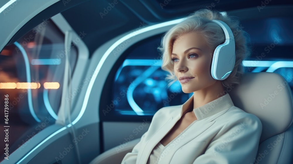Woman are ride in a self-driving car controlled by an artificial ...