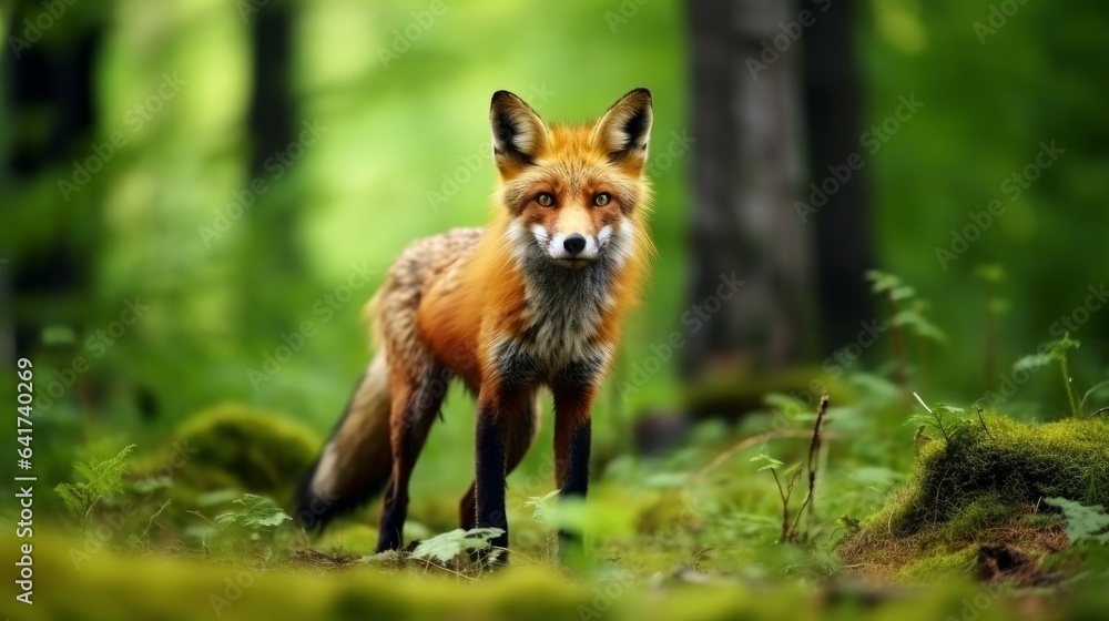 Red Fox hunting, Vulpes vulpes, wildlife scene from Europe. Orange fur coat animal in the nature ...