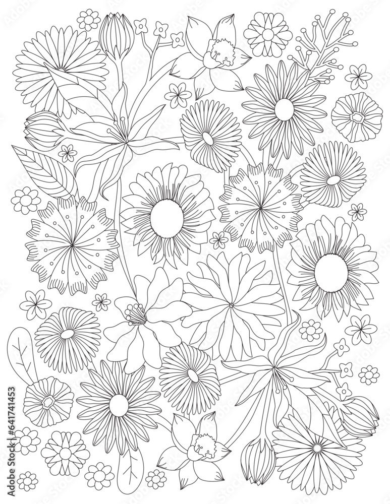 seamless floral pattern adult coloring page garden flowers line art ...