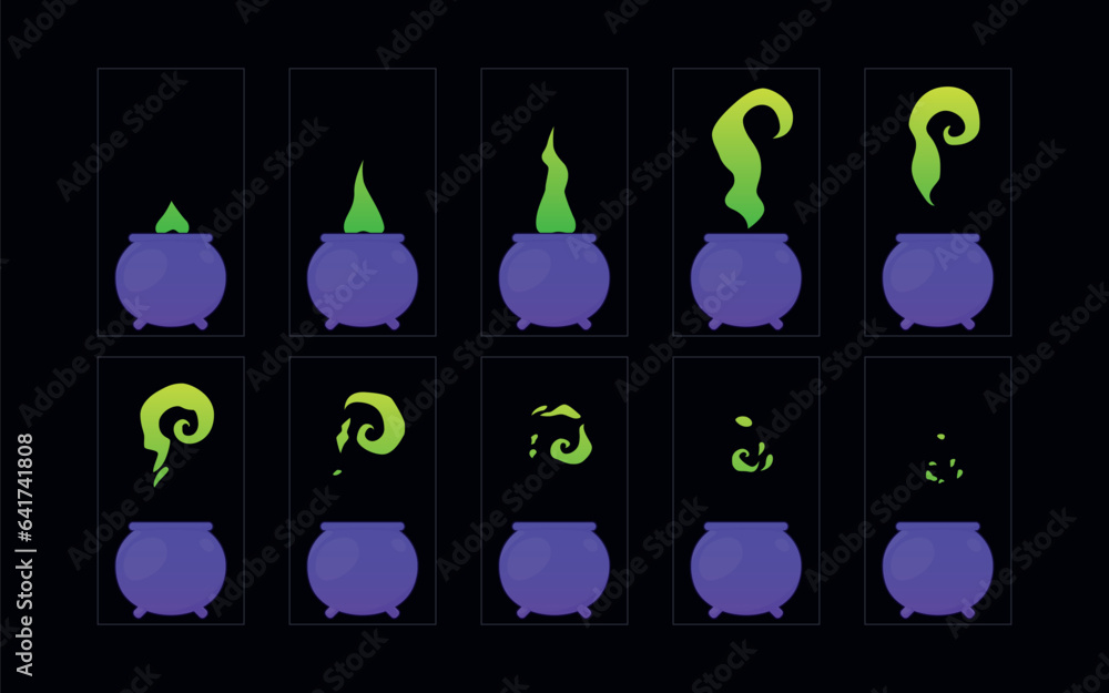 The witch's cauldron with green smoke animation set. 2d cartoon smoke ...