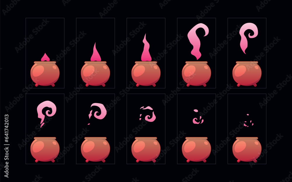 The witch's cauldron with smoke animation set. 2d cartoon magic pink ...