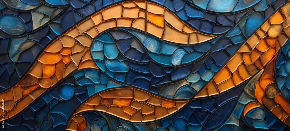 Abstract blue orange mosaic tile wall texture background with waving ...