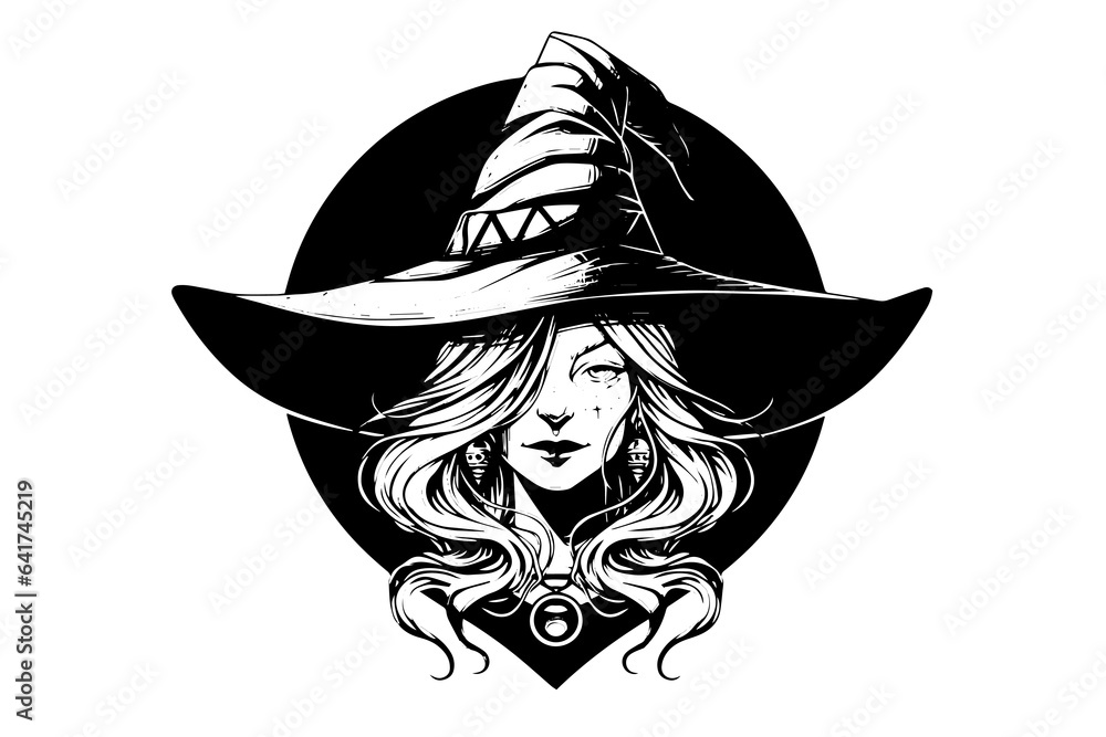 Witch halloween woman hand drawn ink sketch. Engraving style vector ...