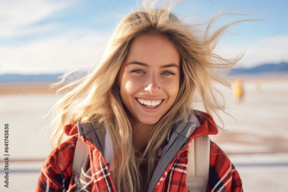 Close-up portrait photography of a happy girl in her 20s pinching ...