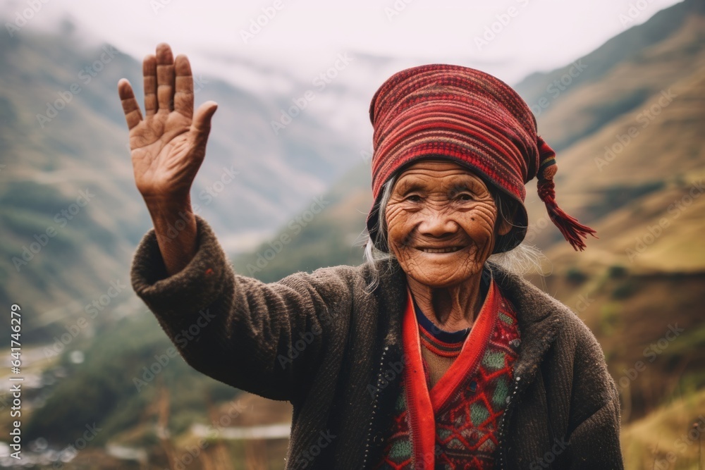 Lifestyle portrait photography of a tender mature woman waving hello ...