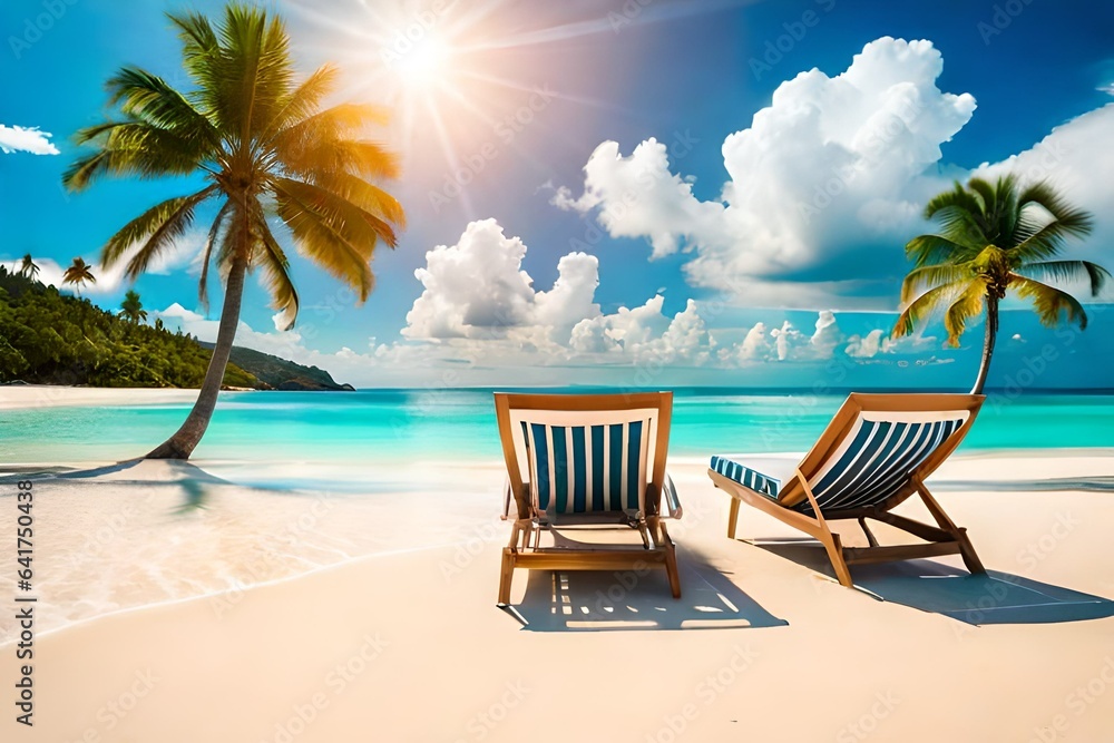 Beautiful tropical beach with white sand and two sun loungers on ...