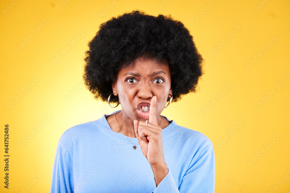 Angry portrait, woman and secret for noise, drama and privacy on yellow ...