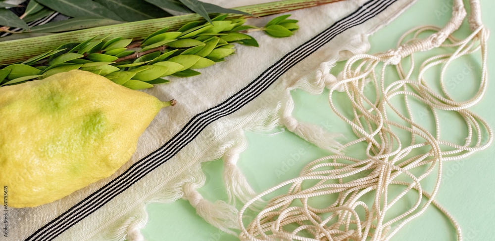 Jewish fall festival of Sukkot. Traditional symbols. The four species ...