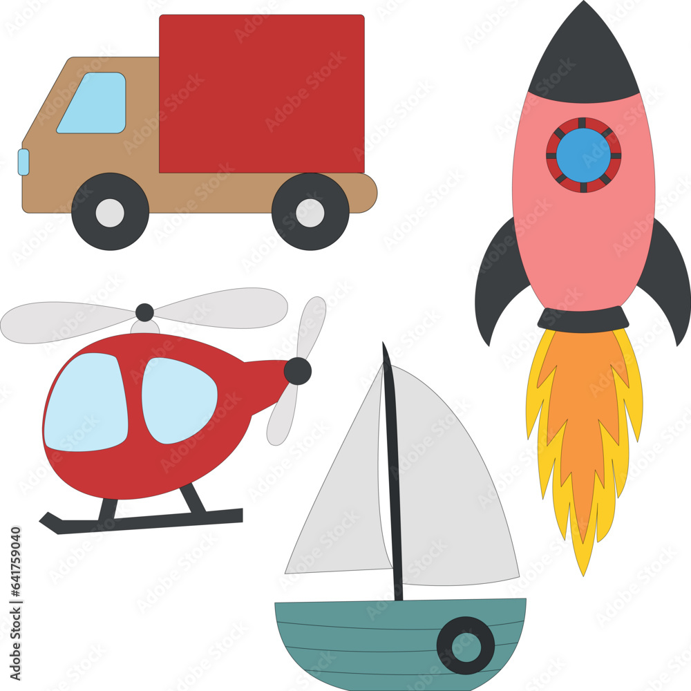 colorful kawaii transportation clipart bundle in cartoon style for kids ...