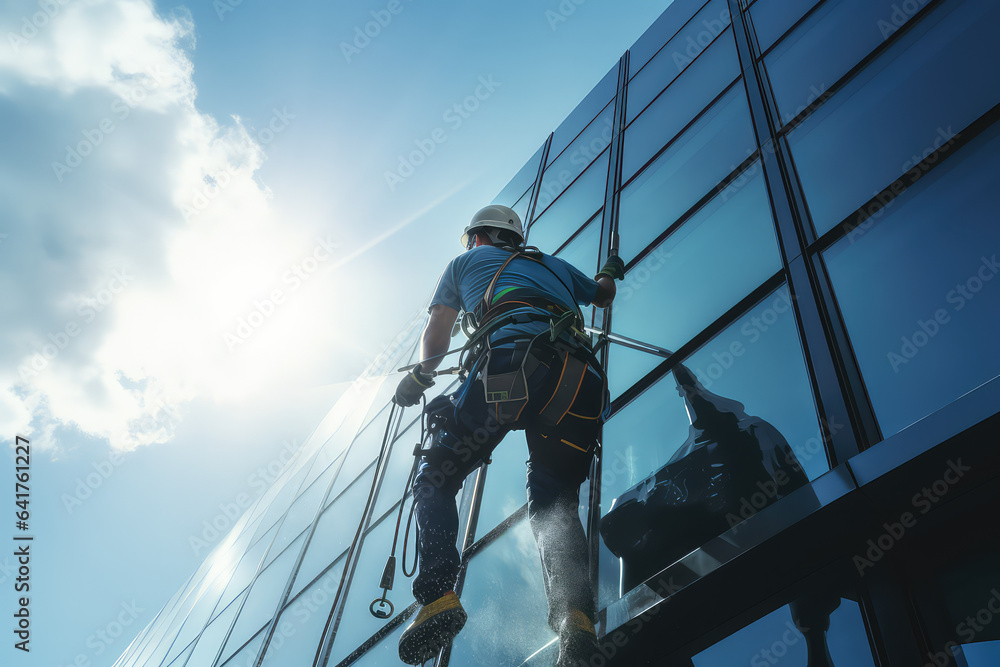 Backview of a high - rise window cleaner in sunlight. A male industrial ...