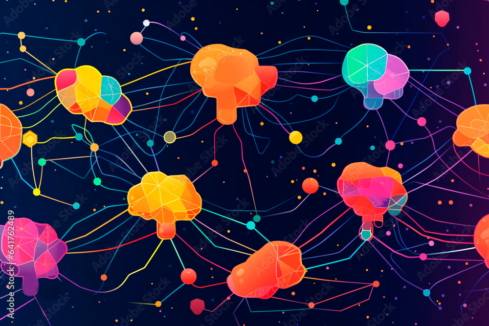 Conceptual and modern illustration of connected brains sharing ideas ...