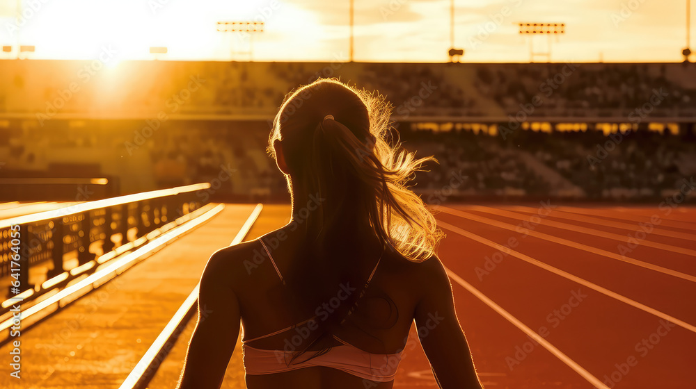 Woman in sprint starting position at sprint race startline, sunshine ...