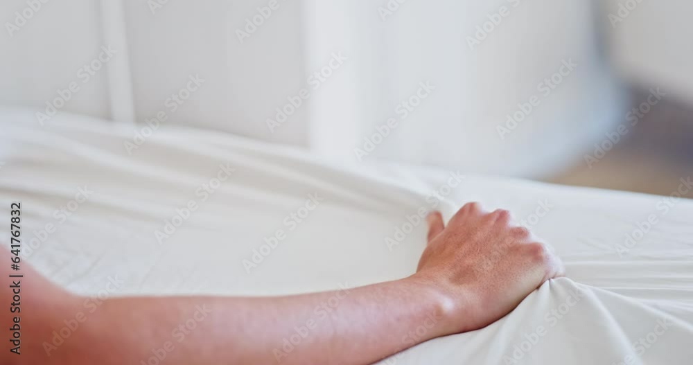 Hand, bed and person grab fabric for love, sex and romance in bedroom ...