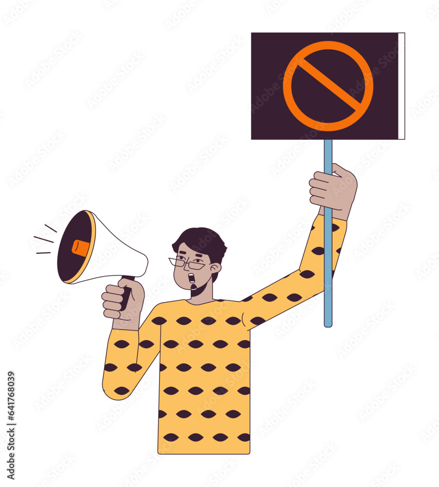 Indian man shouting in megaphone flat line color vector character ...