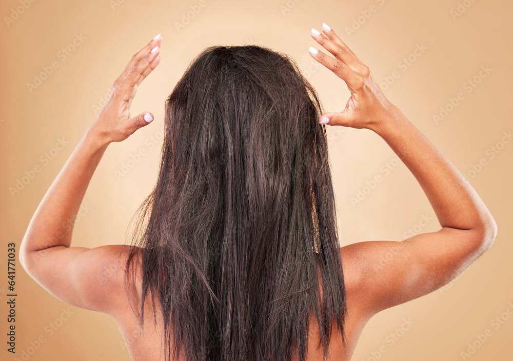 Damaged, hair and back of messy woman in studio, background or haircare ...