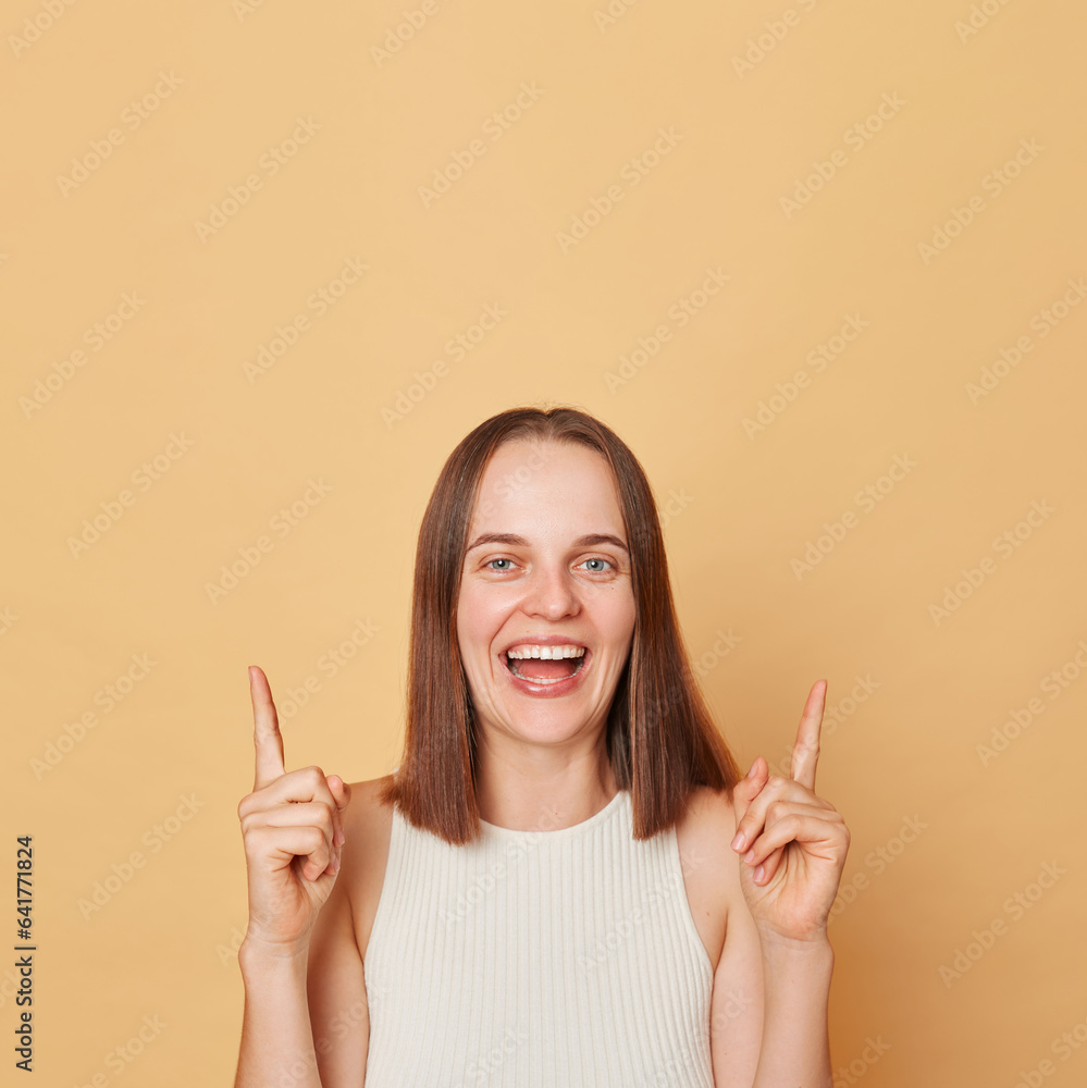 Smiling cheerful positive brown haired young woman wearing casual ...