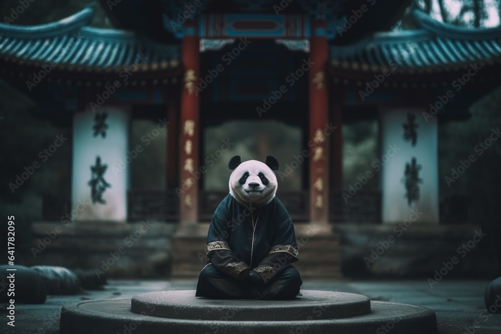 Kung Fu panda sits on traditional Chinese temple background, concept of ...
