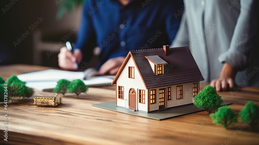 Miniature house in a desk of real estate agent with couple signing the ...