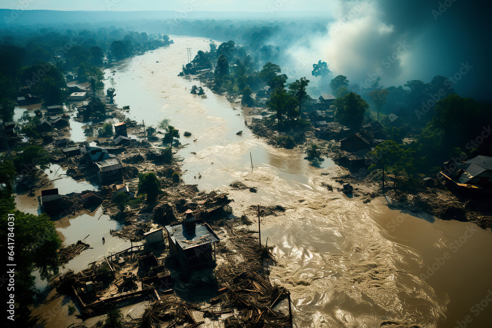 Consequences of flooding in the city, aerial view. Flooded streets of ...