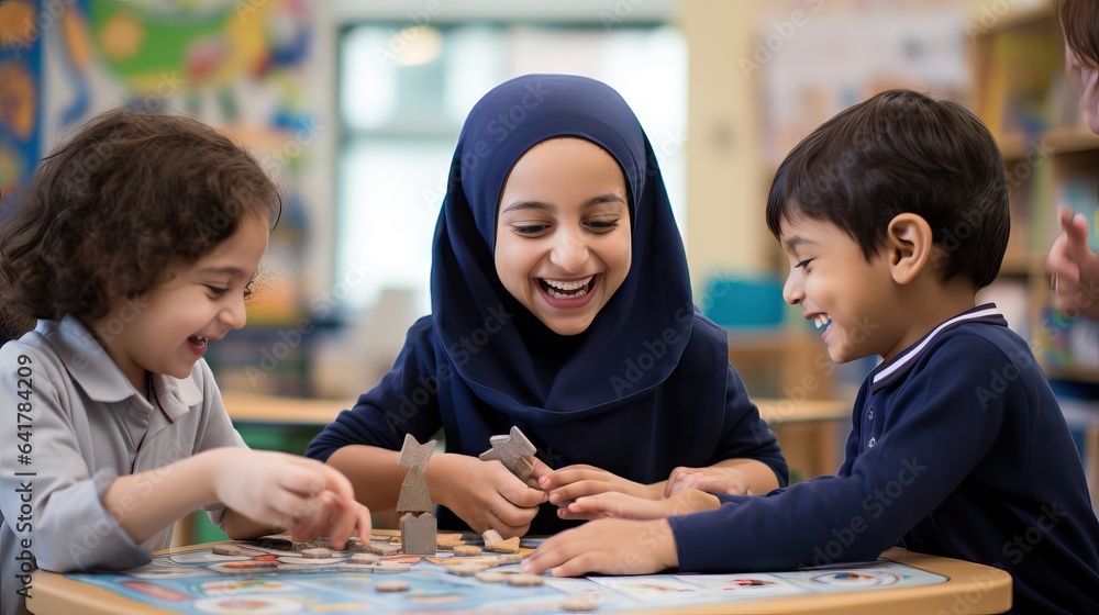 muslim little girls playing at class with friends, bonding cultures ...