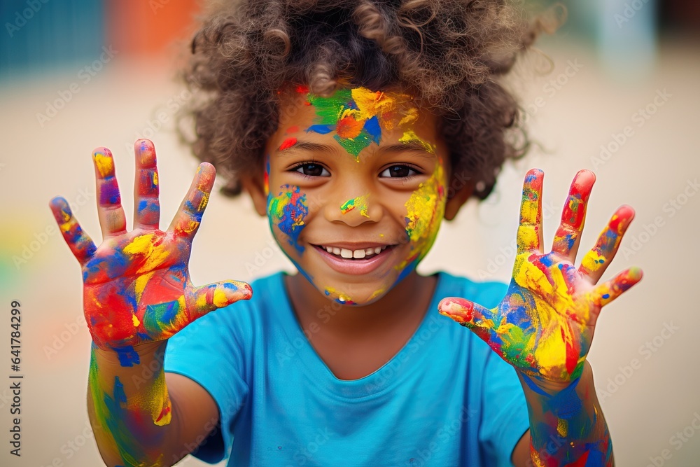African american little child showing hands with paint,wall with ...