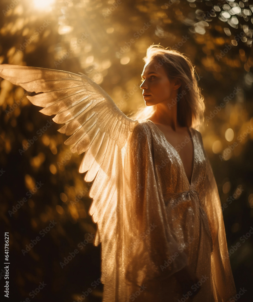 beautiful and transcendent angel woman with wings wearing glittering ...