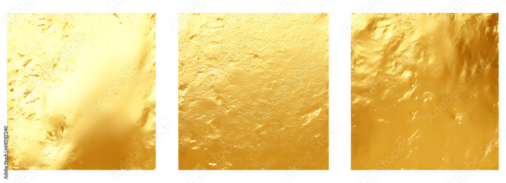 Three gold foil texture sets are isolated on a transparent background ...